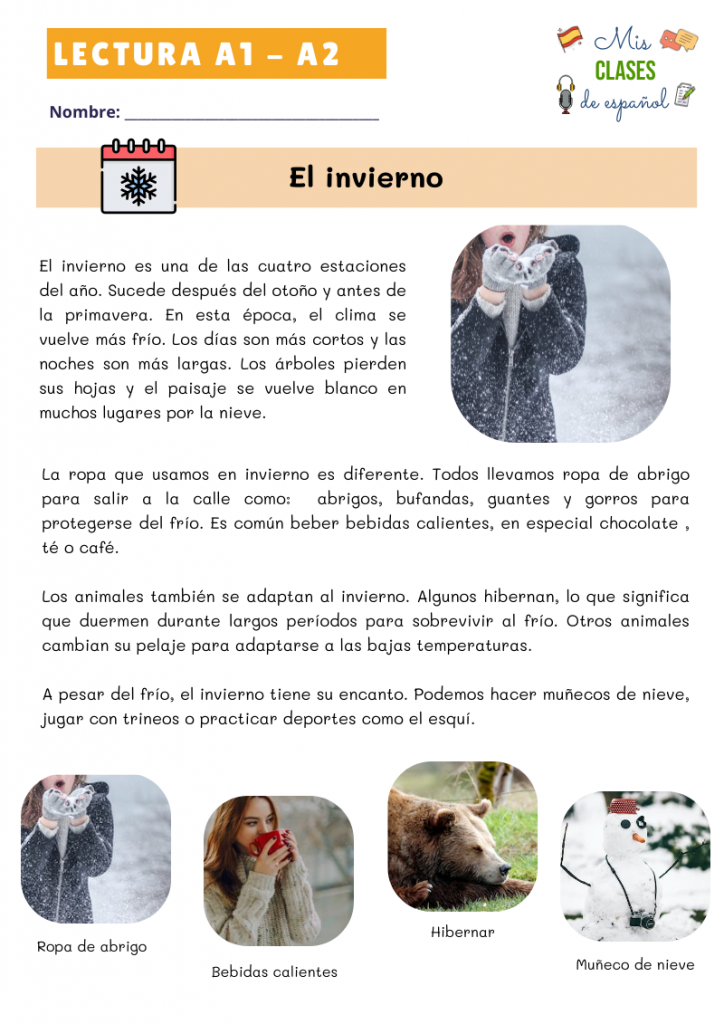 Comprensión lectora A1-A2 - Mis clases de español